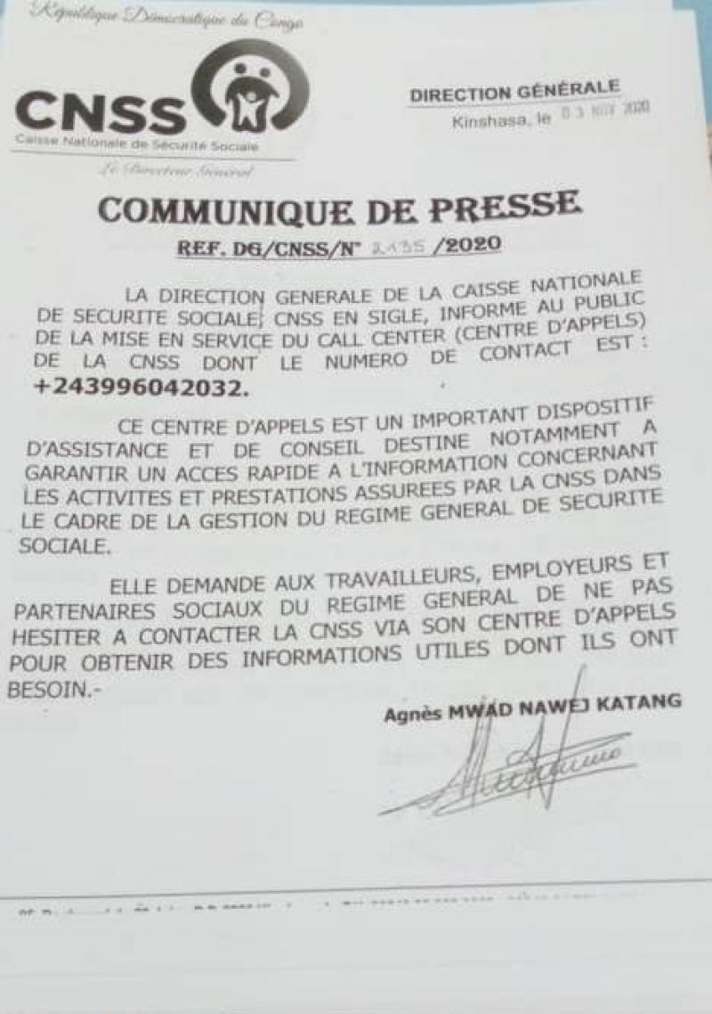 RDC: La direction générale de la caisse nationale de sécurité sociale ...